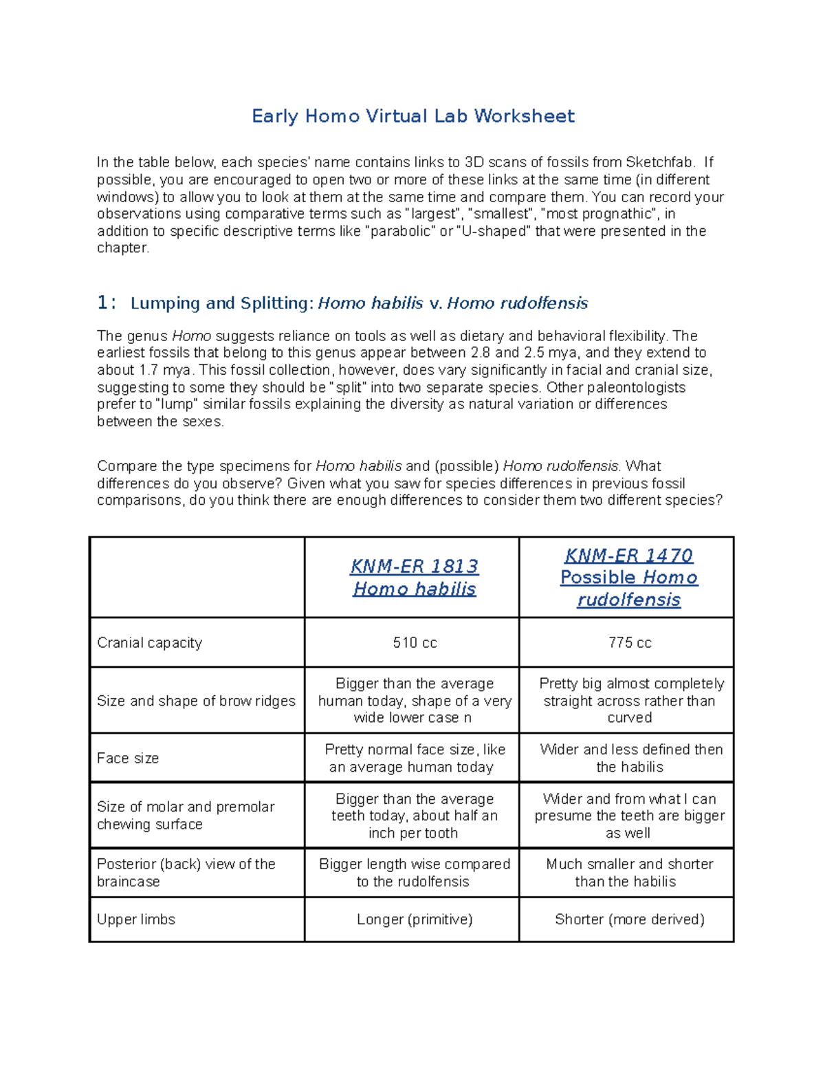 Exercise 3 ANTH103 Async - Early Homo Virtual Lab Worksheet In the ...