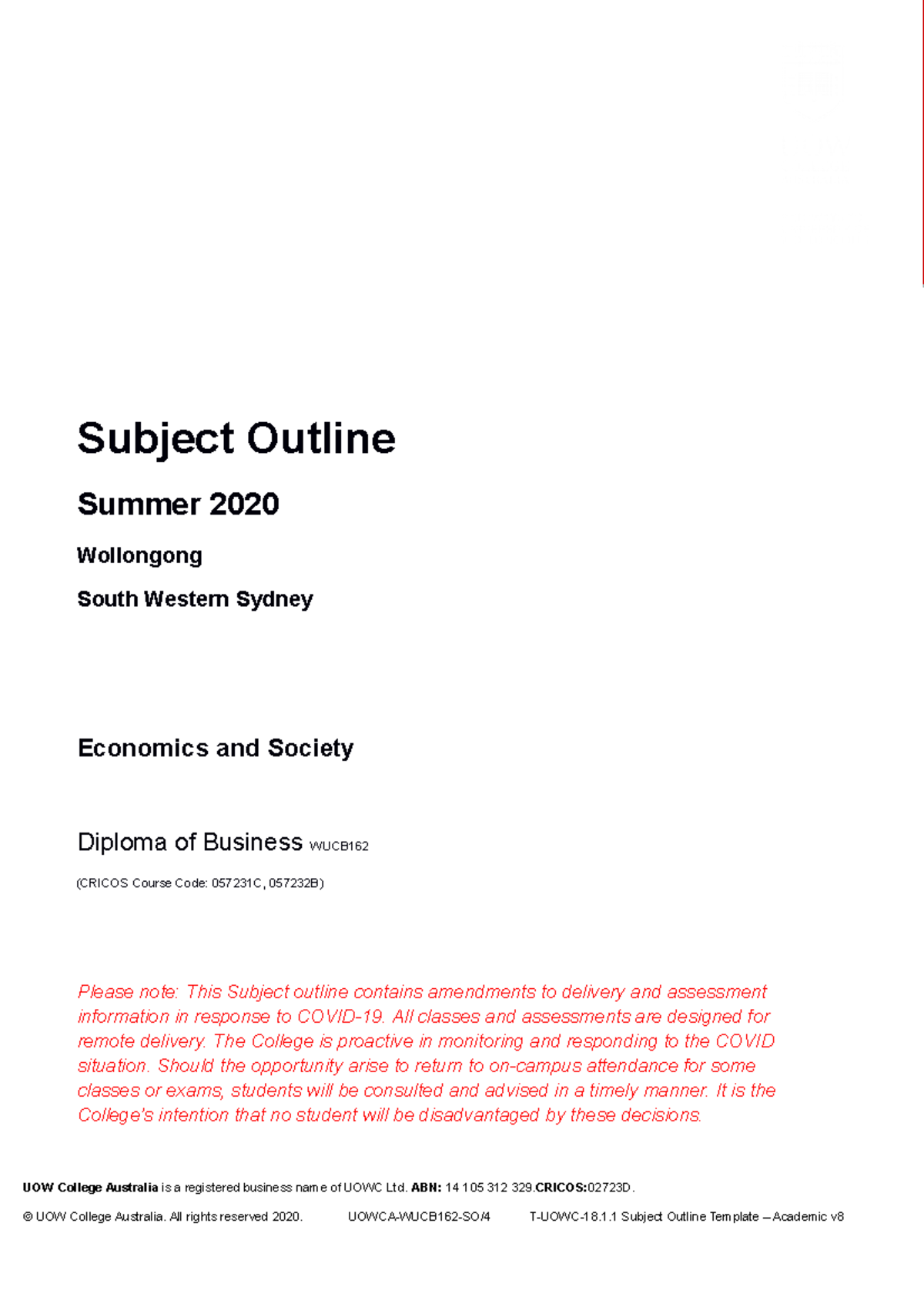 2020 Summer WUCB162 Subject Outline v4 - UOW College Australia is a ...