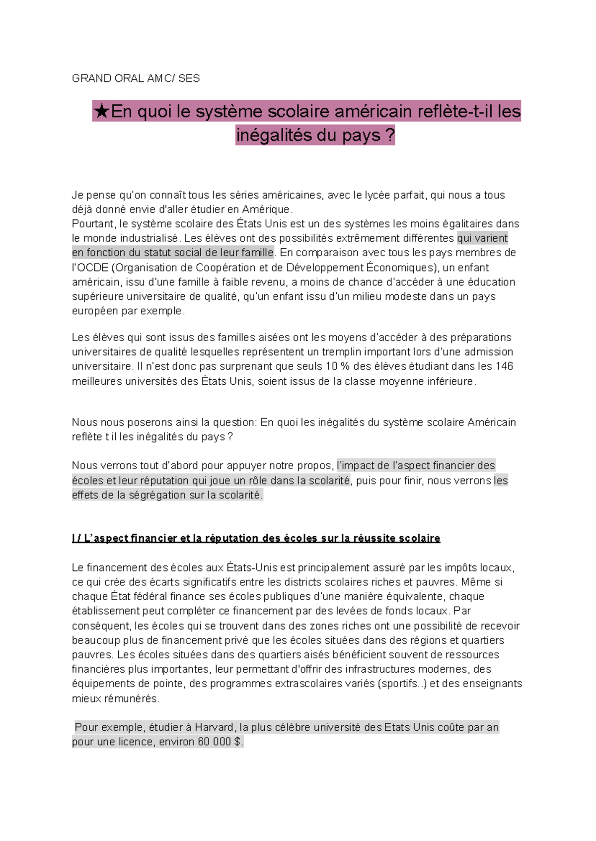 Grand ORAL AMC SES - GRAND ORAL AMC/ SES ★En quoi le système scolaire ...