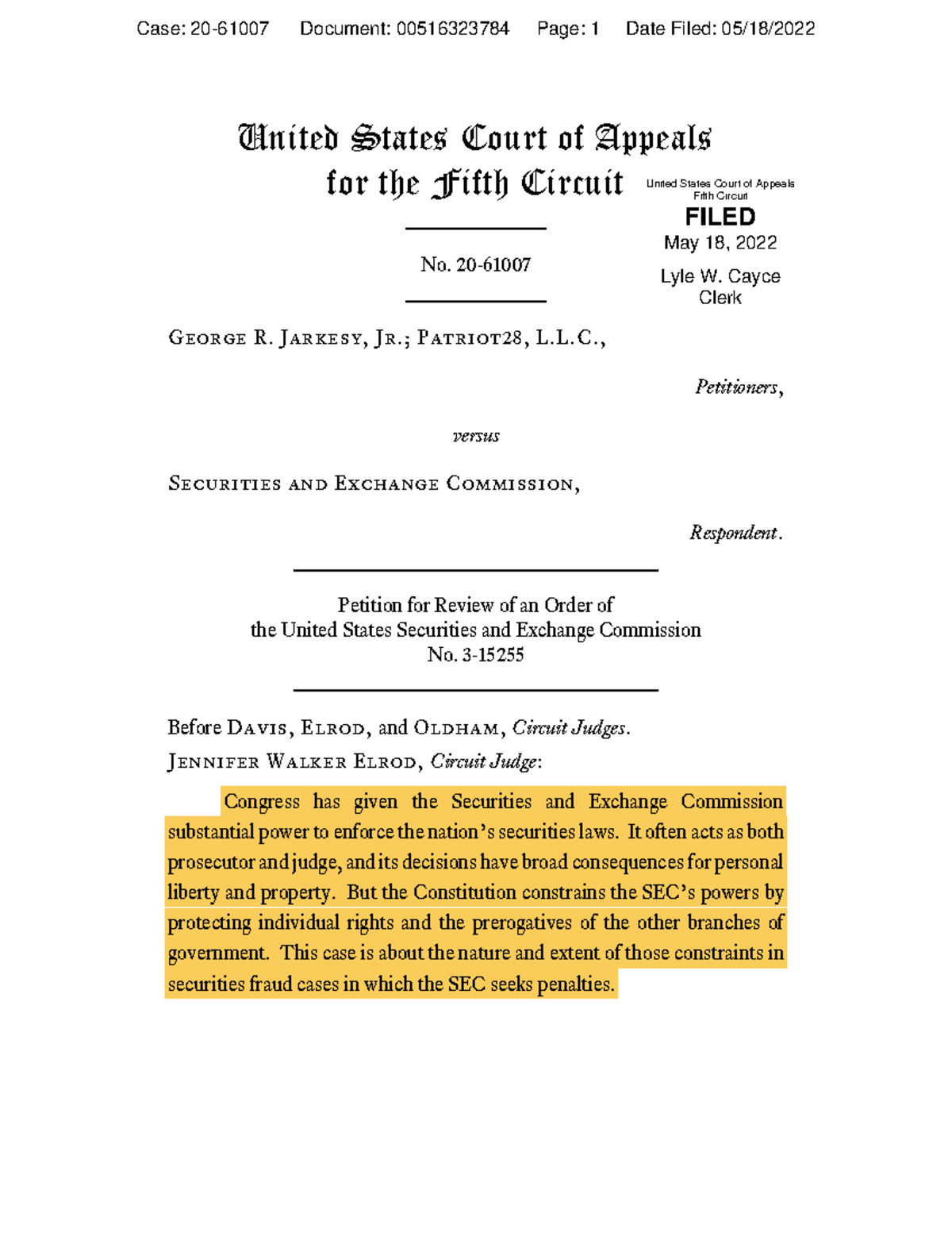 Jarkesy v. SEC (5th Cir. 2022) - United States Court of Appeals for the ...