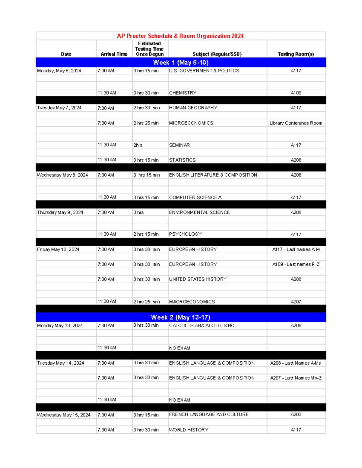 2024 AP Room - Students - AP Proctor Schedule & Room Organization 2024 ...