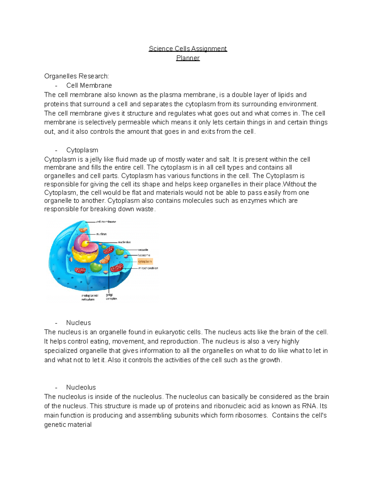 Science Cell Assignment - Science Cells Assignment Planner Organelles ...