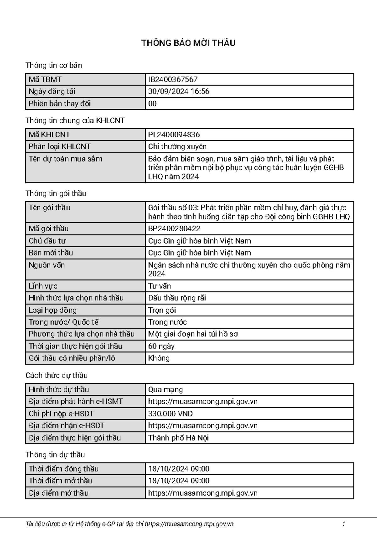 Thông báo mời thầu - tbmt - THÔNG BÁO MỜI THẦU Thông tin cơ bản Mã TBMT IB Ngày đăng tải 30/09 ...
