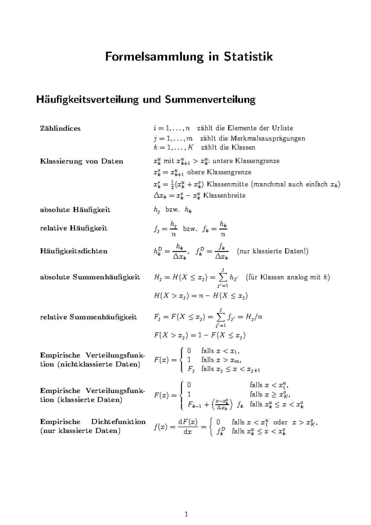 Statistik Formelsammlung - Formelsammlung in Statistik H ...