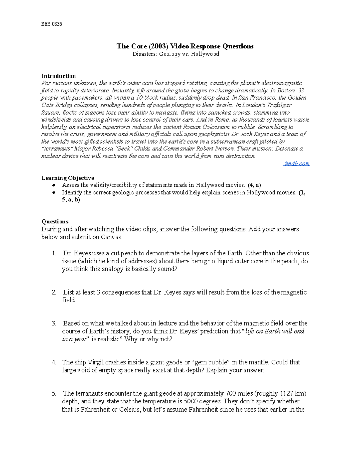 MQ The Core - homework - EES 0836 The Core (2003) Video Response ...