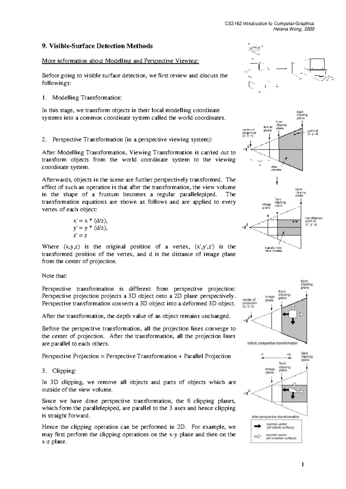 Visible Surface Determination Helena Wong 2000 9 Visible Surface Detection Methods More