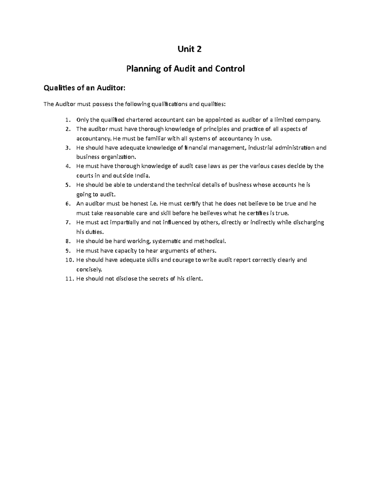 Auditing-Planning of Audit and Control - Unit 2 Planning of Audit and ...