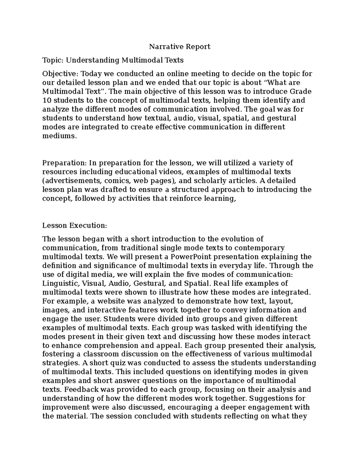 Narrative Report - Narrative Report Topic: Understanding Multimodal ...
