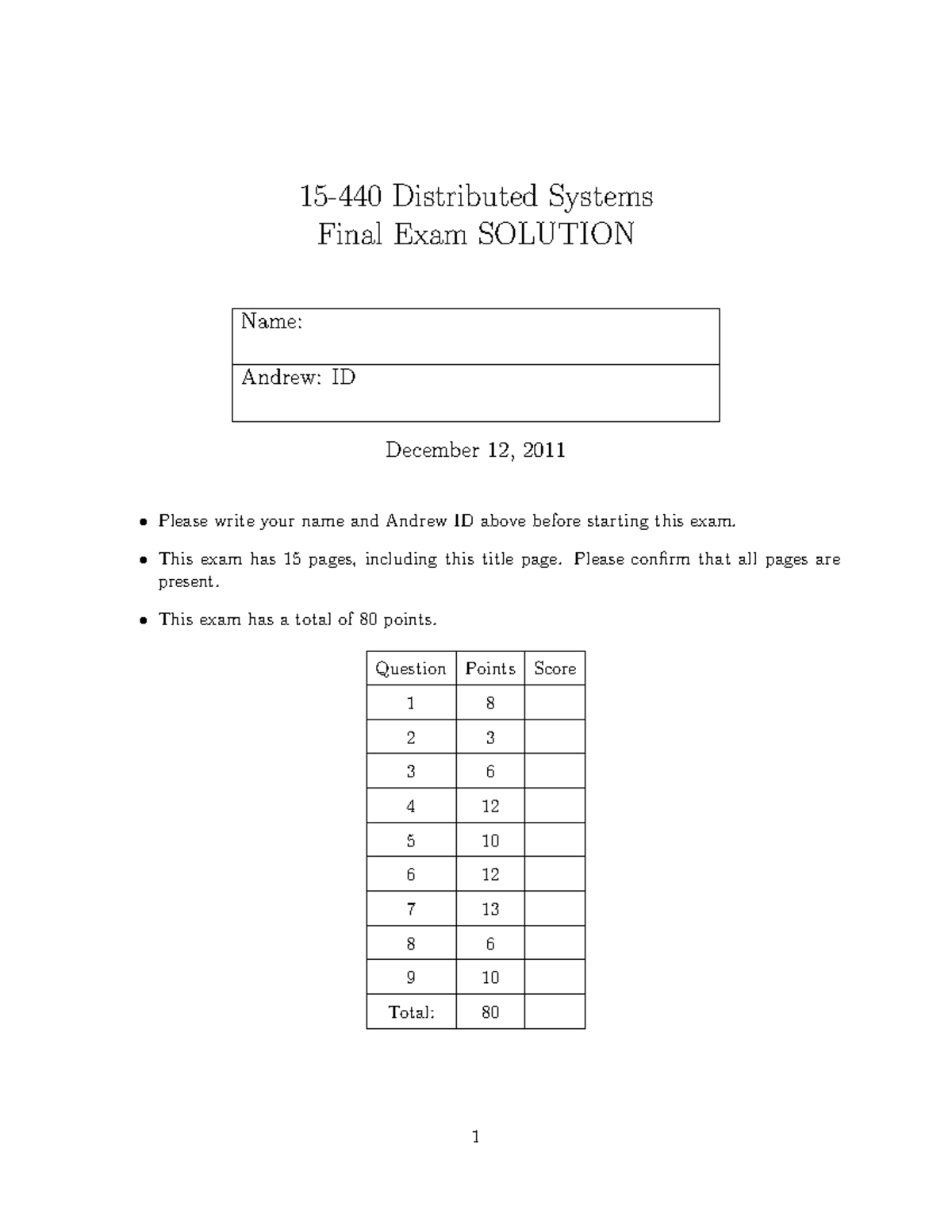 Final 11 September 2011, questions - 15-440 Distributed Systems Final ...
