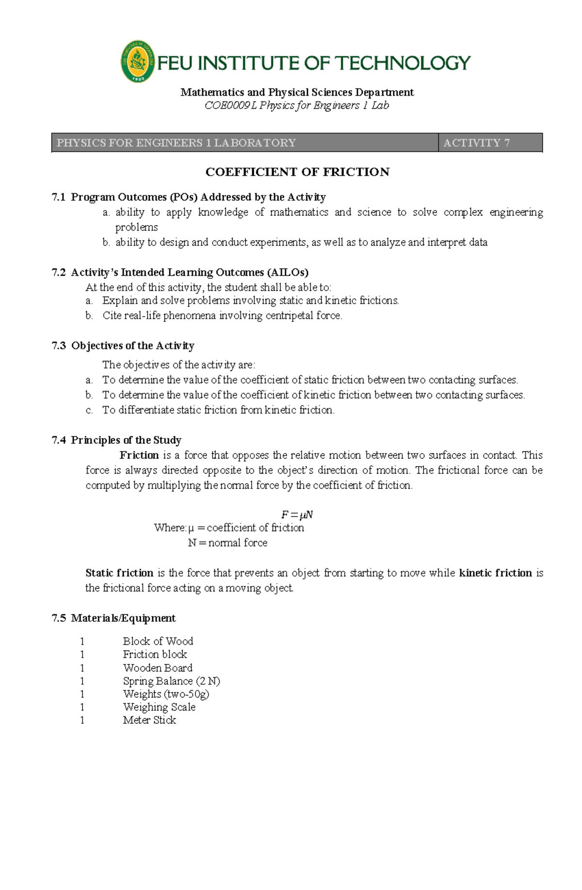 COE0009L A7 Coefficient of Frictions - Mathematics and Physical ...