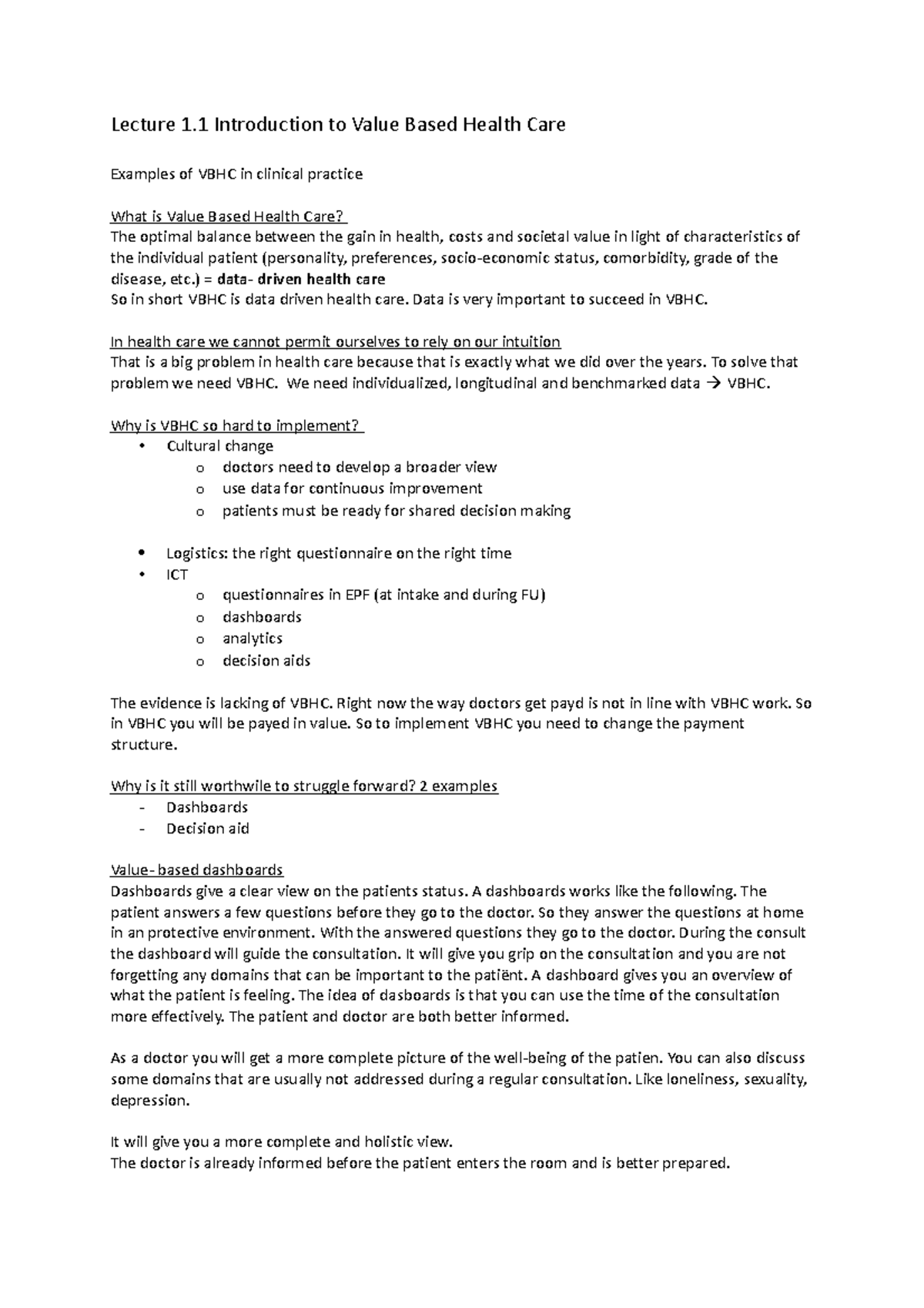 Summary VBHC - Lecture 1 Introduction to Value Based Health Care ...