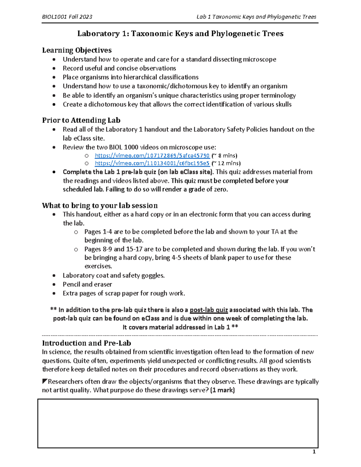 B1001 F2023 Lab 1 Taxonomic keys phylogenetic trees - lab handout - Laboratory 1: Taxonomic Keys ...