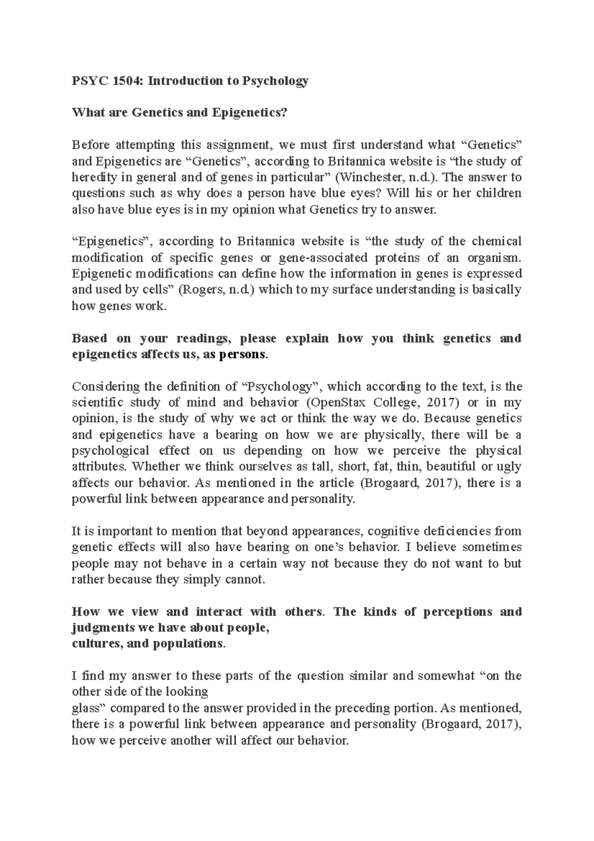 PSYC 1504 UNIT 2 DF Assignment Number 1 - PSYC 1504: Introduction to Psychology What are ...