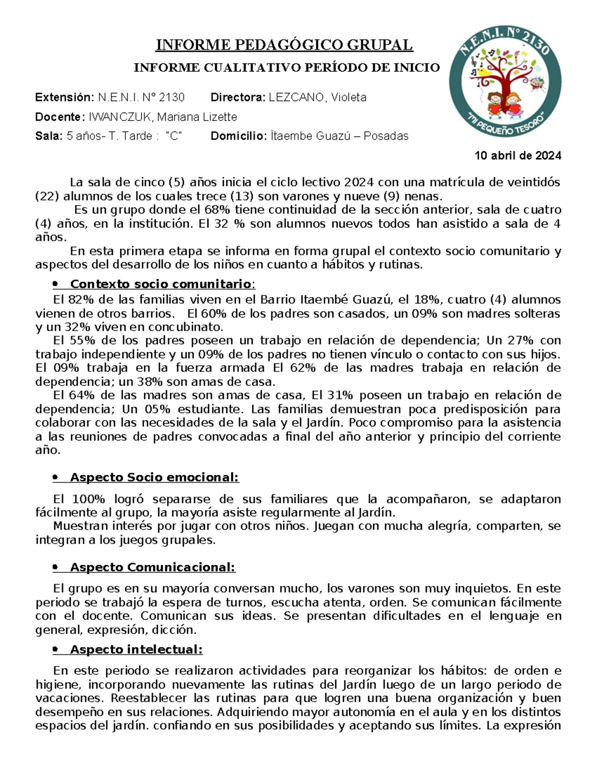 Informe Pedagógico Grupal 2024 - INFORME PEDAGÓGICO GRUPAL INFORME CUALITATIVO PERÍODO DE INICIO ...