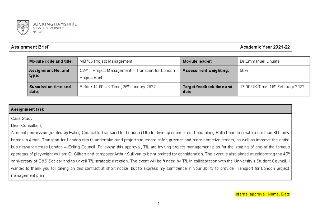 MB706 Project Management Coursework 1 Assignment Brief Template 2021-22 ...