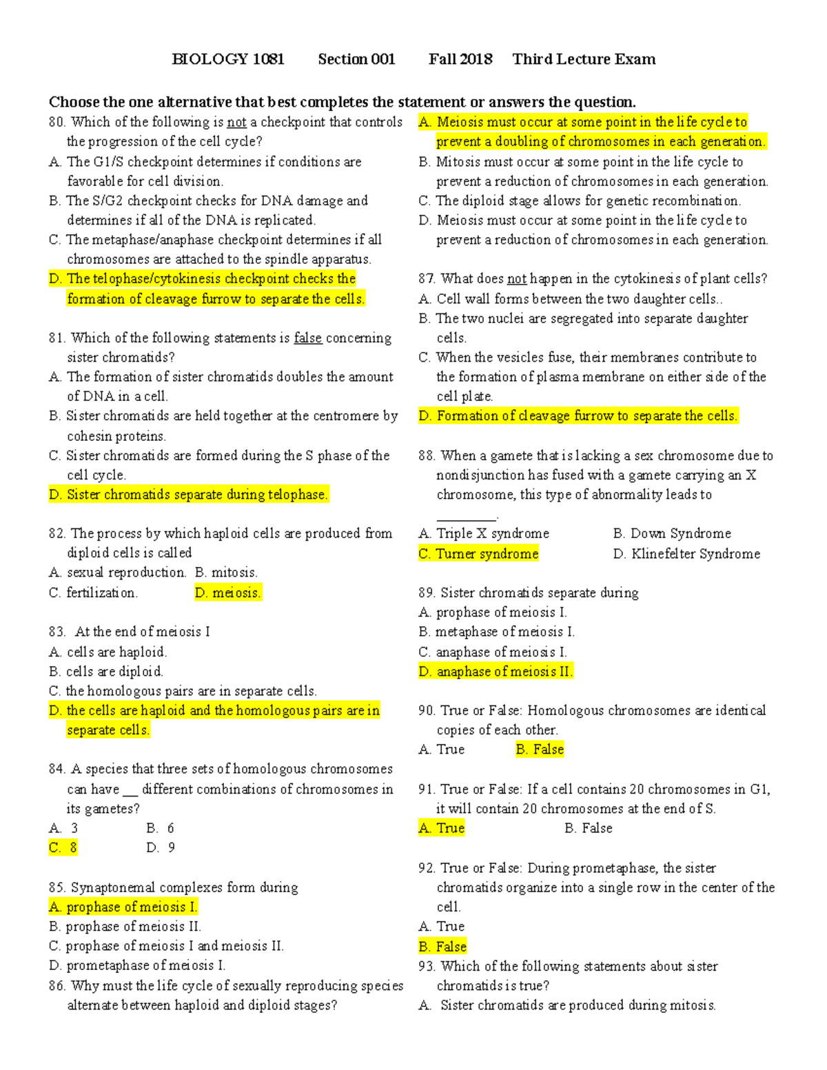 Copy of Section 001 Exam 3 2c Version A Key - BIOLOGY 1081 Section 001 ...