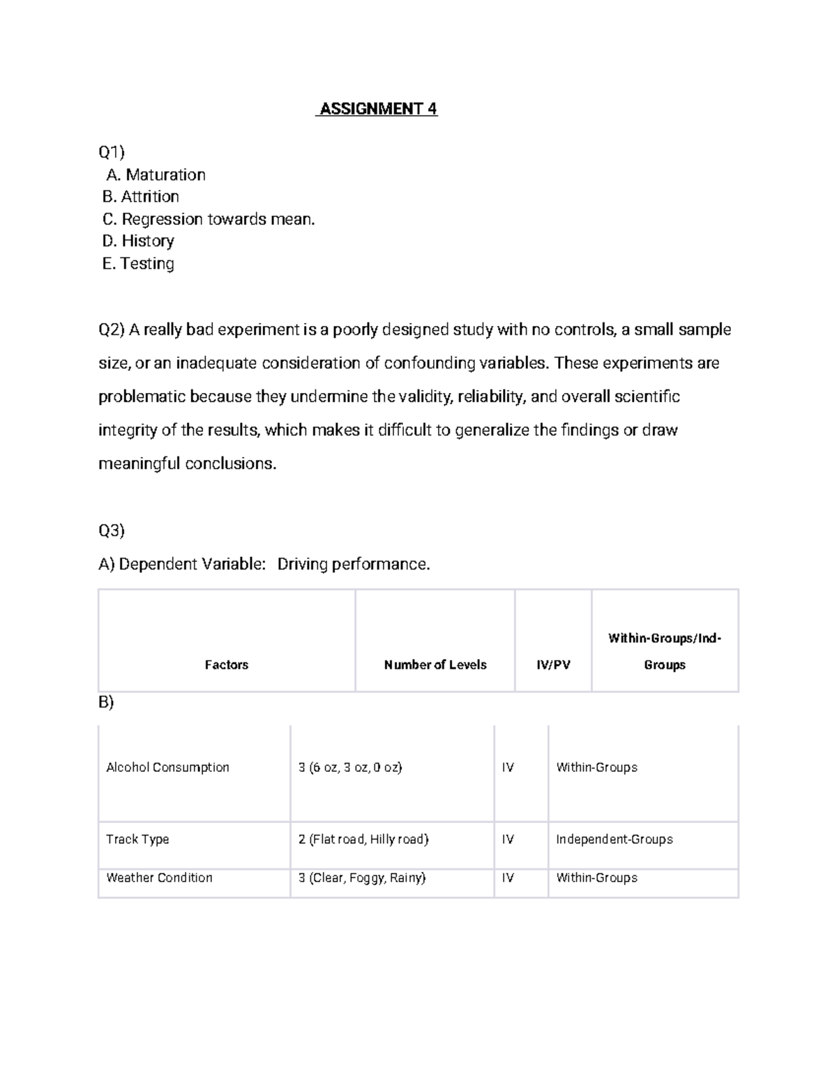 Assignment 4 - dkjfpojofjpjgoj - ASSIGNMENT 4 Q1) A. Maturation B. Attrition C. Regression ...