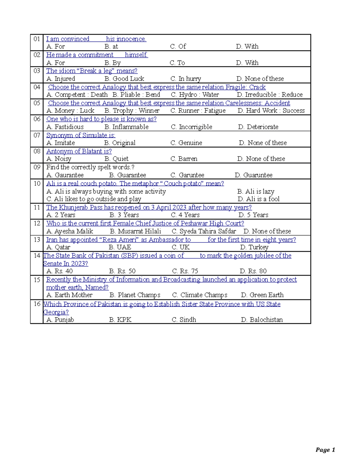 Mcqs practice - Page 1 01 I am convinced his innocence. A. For B. at C. Of D. With 02 He made a ...