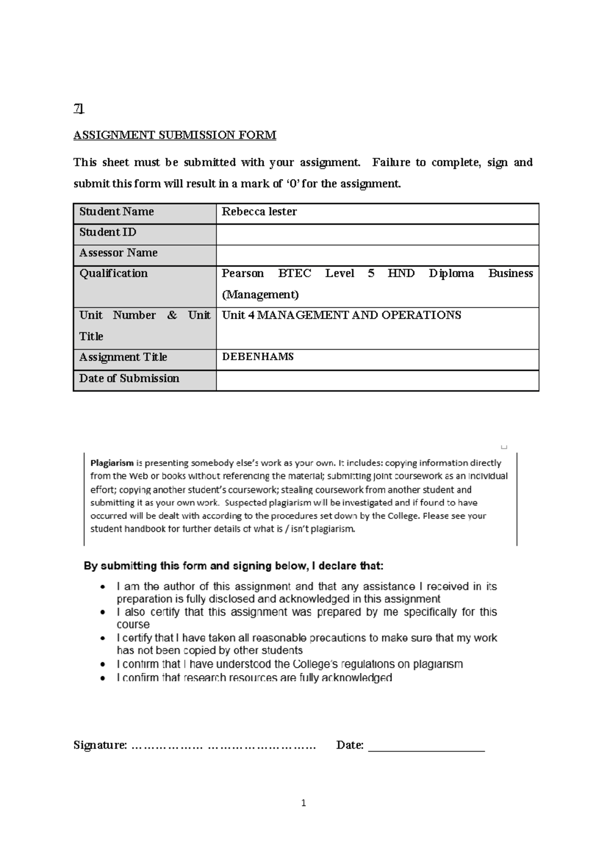 MO - Pass Criteria regent street 2 - 7] ASSIGNMENT SUBMISSION FORM This ...