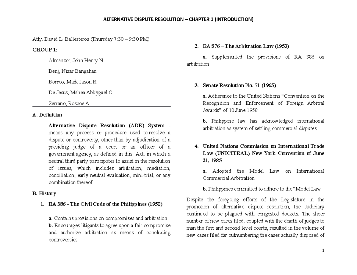 Group 1 - ADR Report - English for Lawyers - Atty. David L. Ballesteros ...