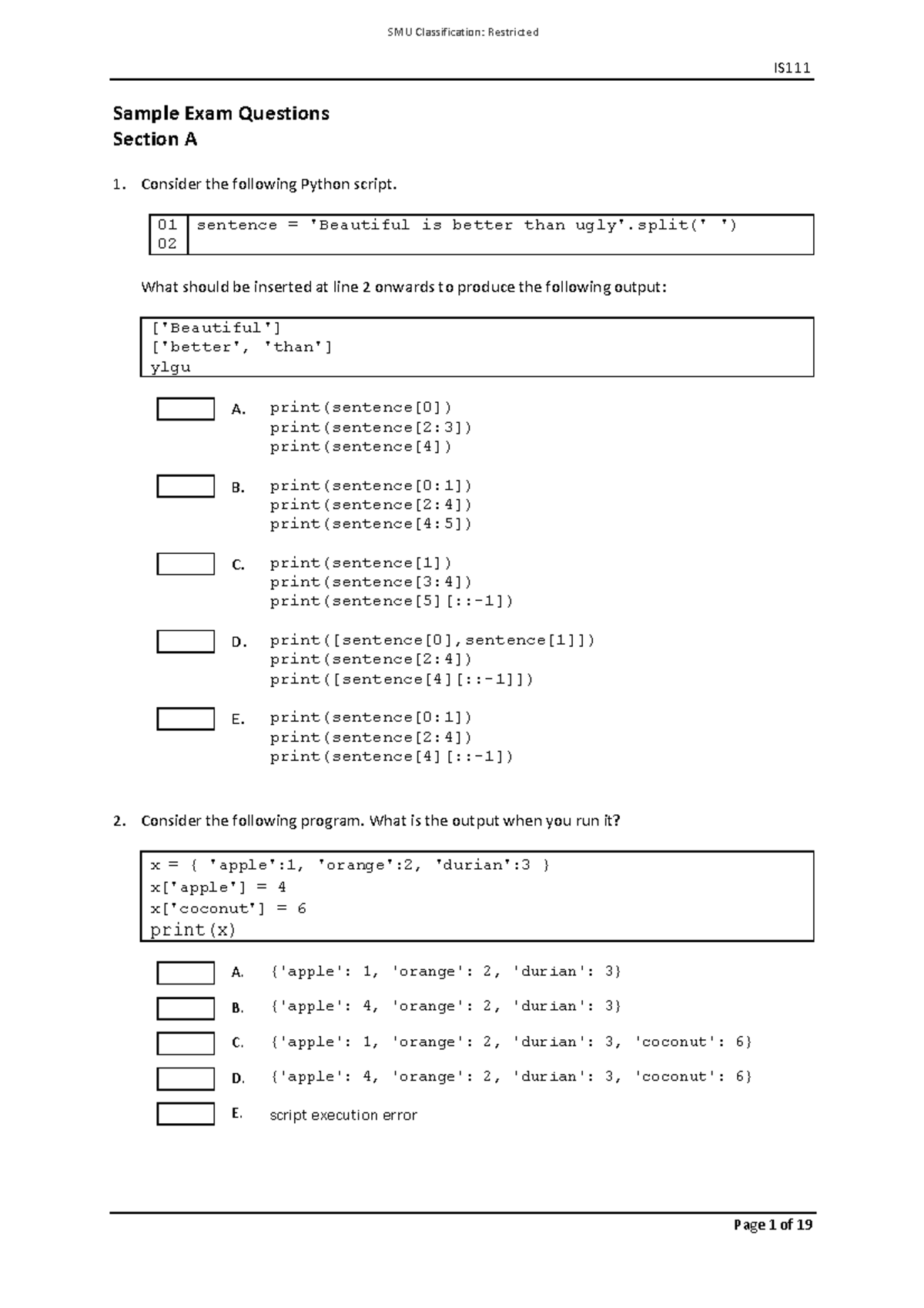 IS111 Trial Exam V1 - IS Sample Exam Questions Section A 1. Consider ...