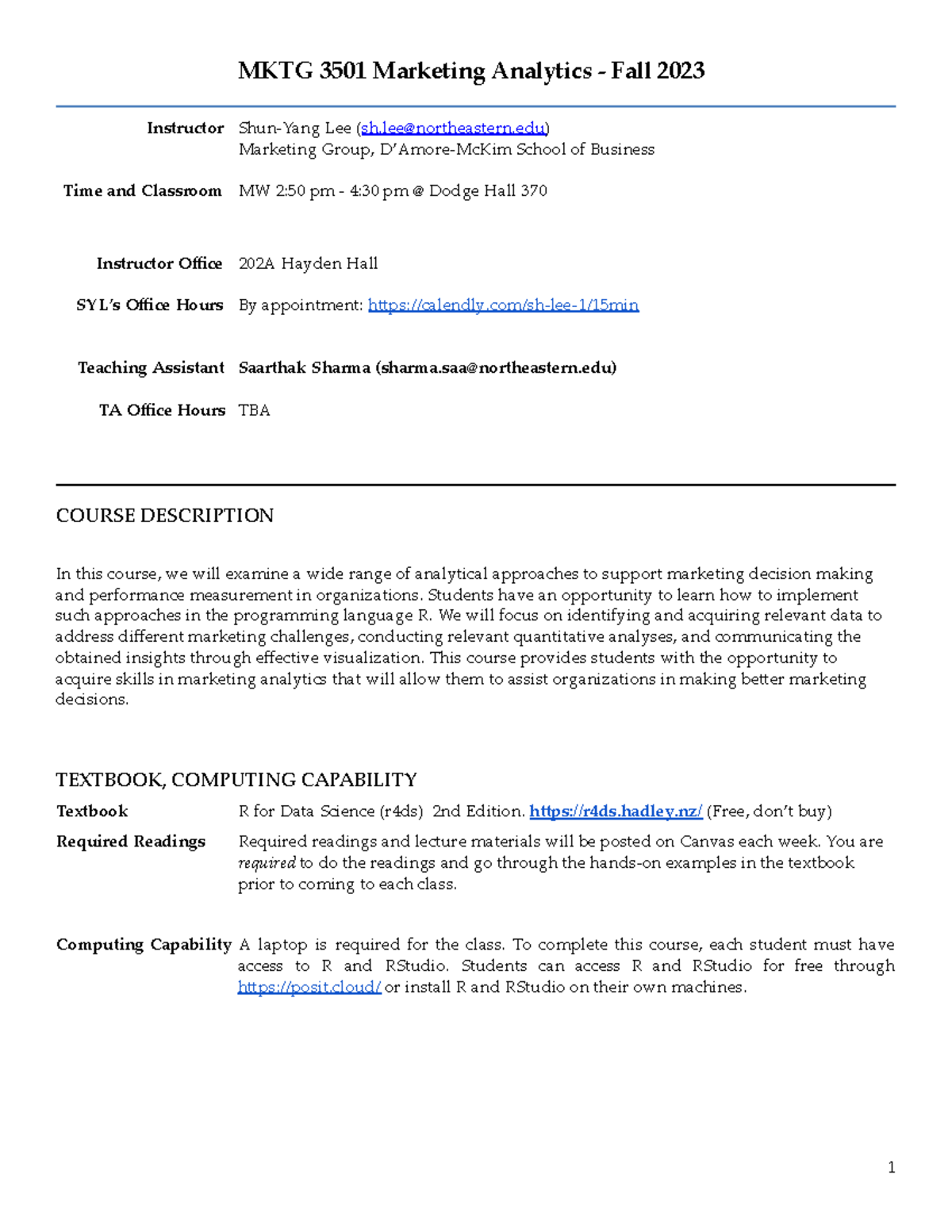MKTG3501 F23 LEE Syllabus - MKTG 3501 Marketing Analytics - Fall 2023 ...