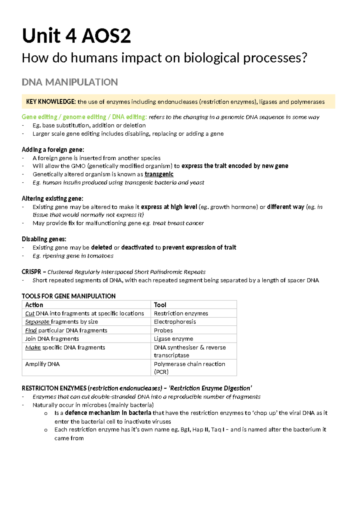 Unit 4 AOS2 Summary - KEY KNOWLEDGE: the use of enzymes including ...