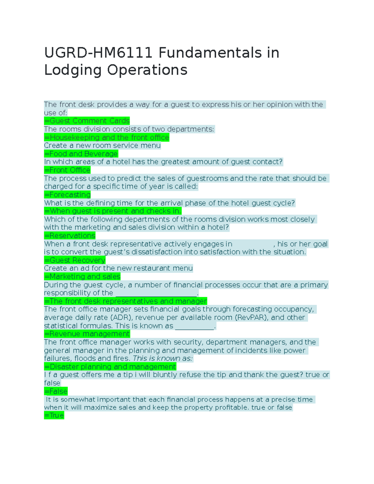 UGRD HM6111 Fundamentals in Lodging Operations Prelim to Finals - UGRD-HM6111 Fundamentals in ...