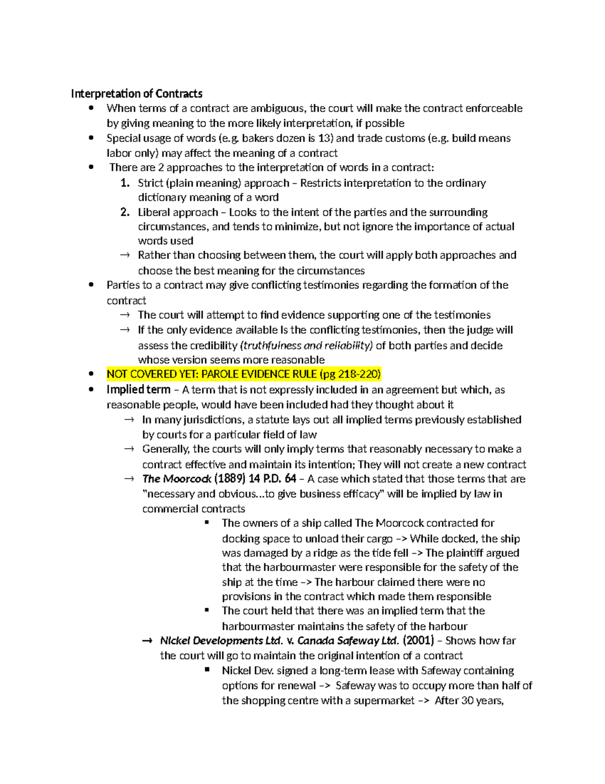 BU231 notes-6 - Interpretation of Contracts When terms of a contract ...
