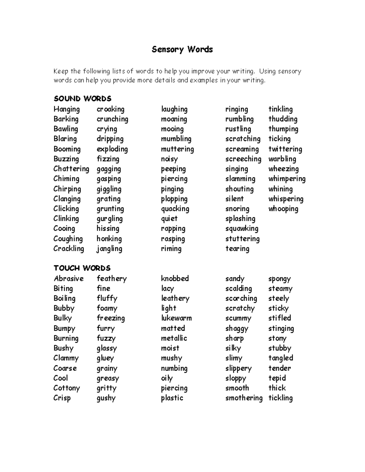 Word Choice Tutorial - Sensory Words Keep the following lists of words ...