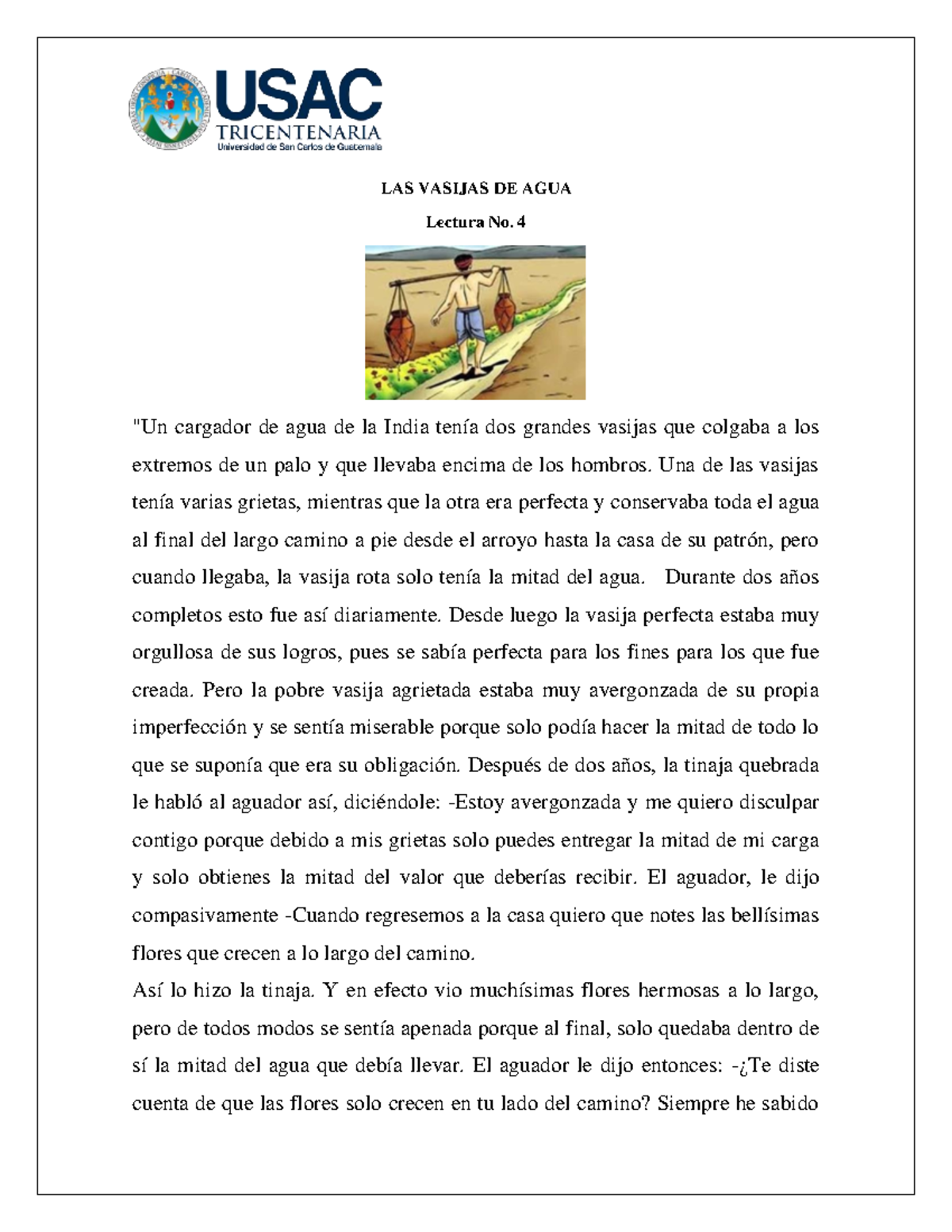 Lectura No. 4 LAS Vasijas DE AGUA - LAS VASIJAS DE AGUA Lectura No. 4 ...