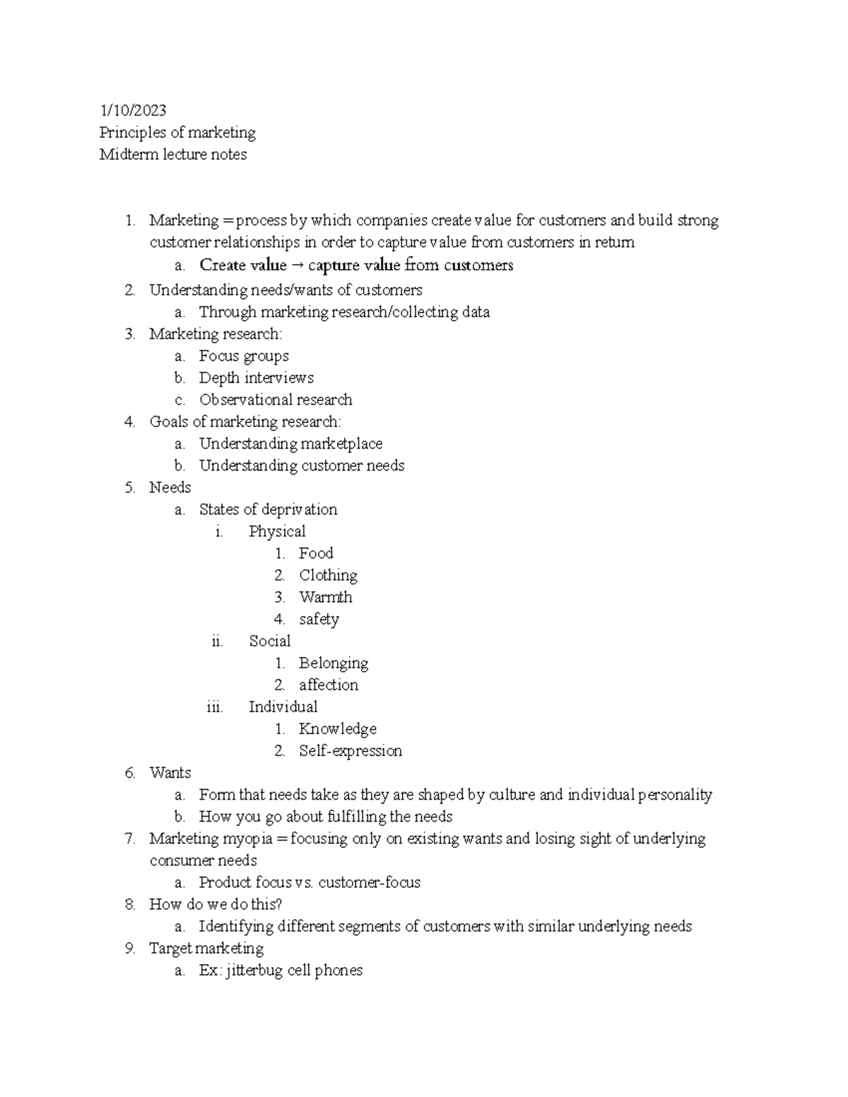 Marketing - lecture notes, midterm exam - 1/10/ Principles of marketing ...
