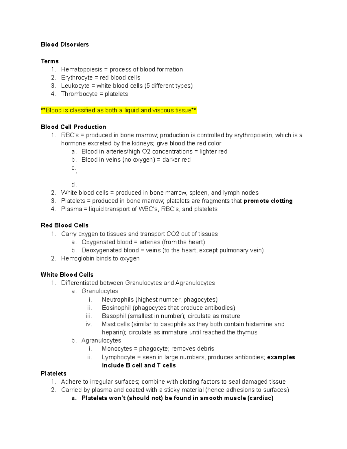 Unit 4 Notes - HSC 201 - Blood Disorders Terms 1. Hematopoiesis ...