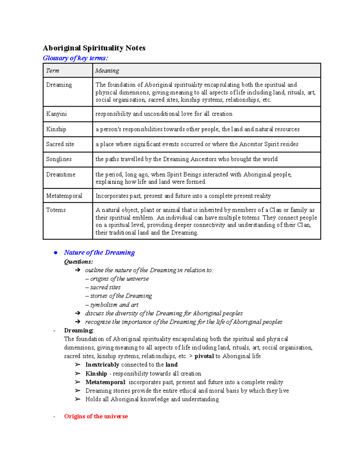 Aboriginal Spirituality Notes - Aboriginal Spirituality Notes Glossary ...