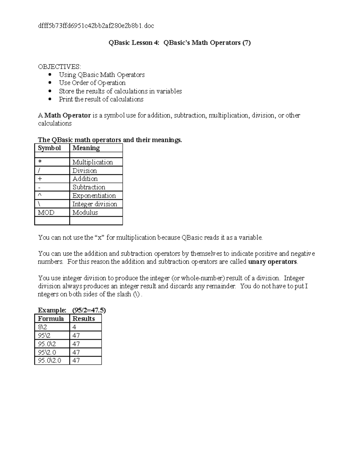 QBasic Math Operators - Symbol Meaning Multiplication / Division ...