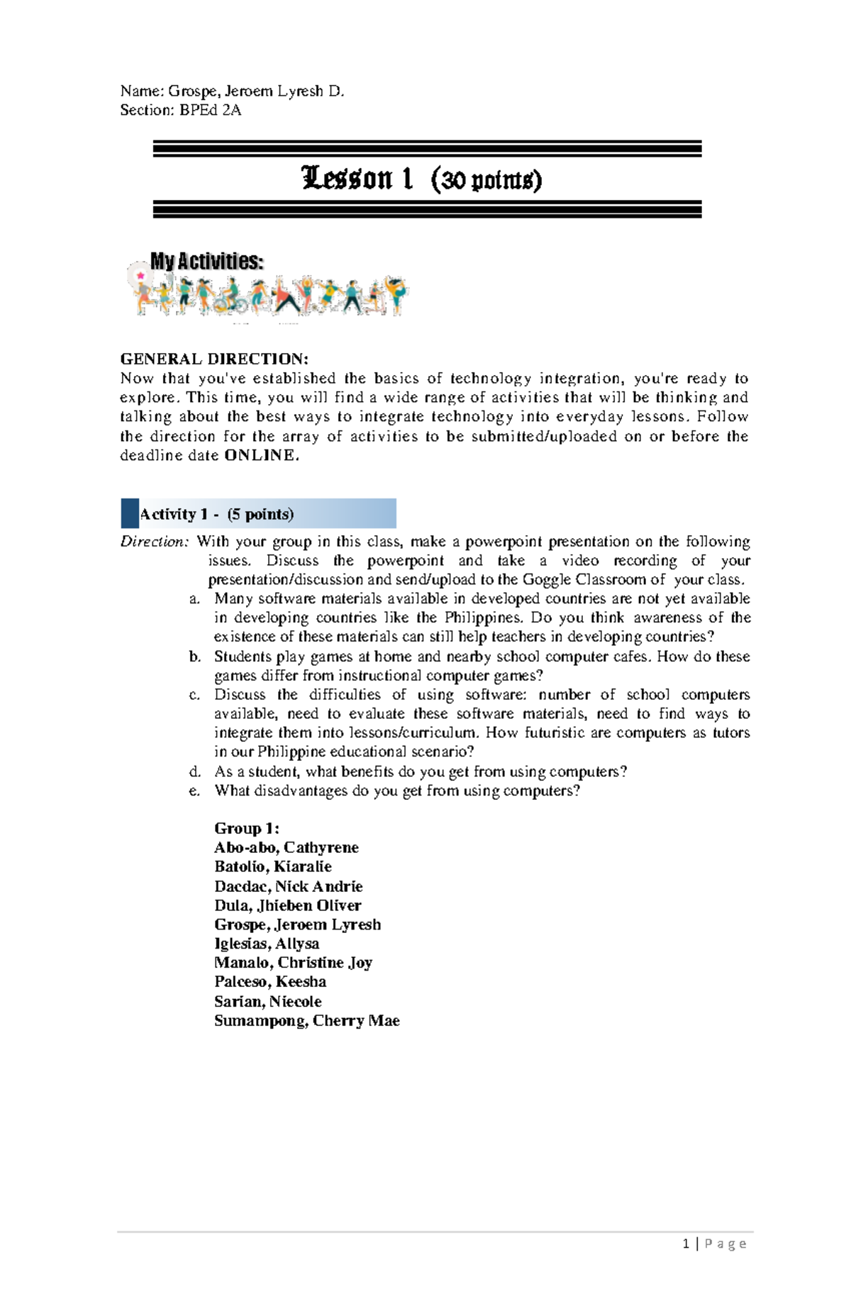 TTL 2 L1 Activities - Activity 1 - (5 points) Name: Grospe, Jeroem ...