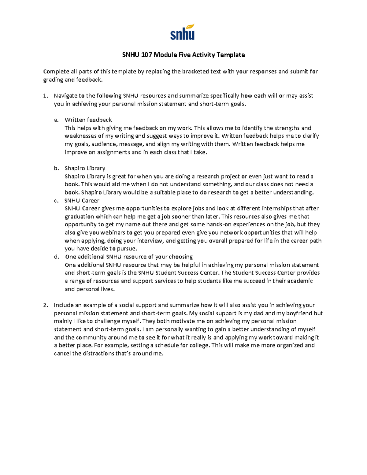 Module Five Activity Template - SNHU 107 Module Five Activity Template ...