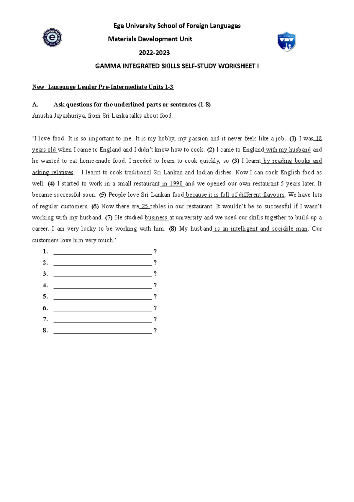 Gamma IS SELF- Study Worksheet 1 - Ege University School of Foreign ...