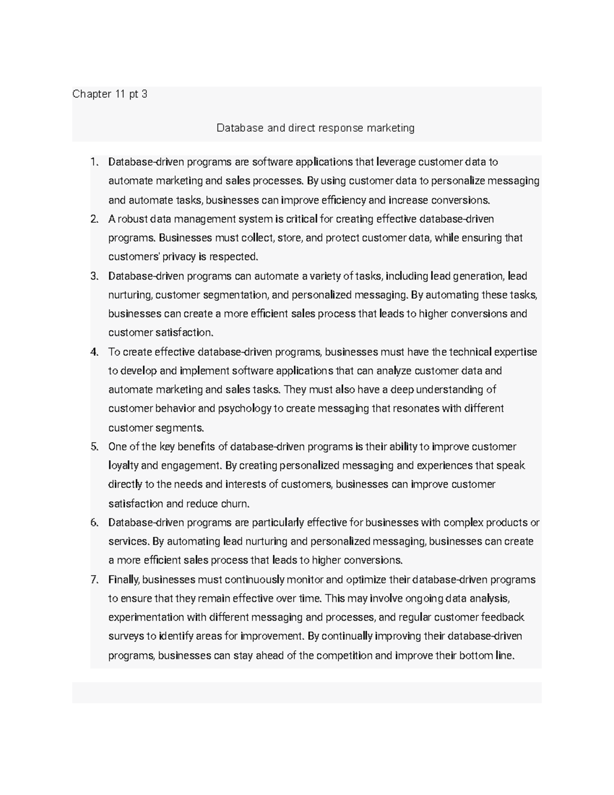 Mkt 348 notes chap 11 pt 3 - Chapter 11 pt 3 Database and direct ...