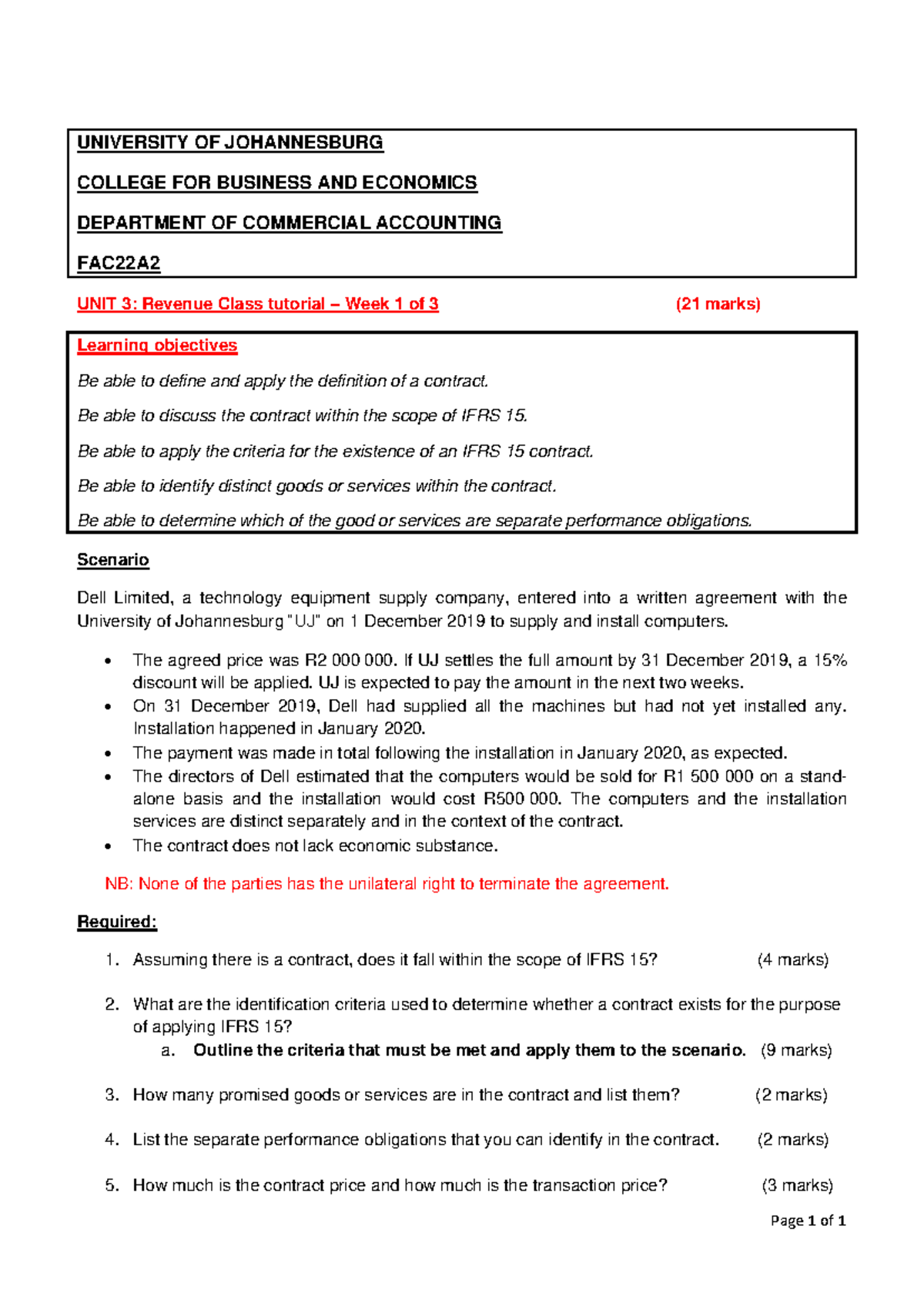 Revenue Class tutorial Question - Week 1 of 3 2024 - Page 1 of 1 ...