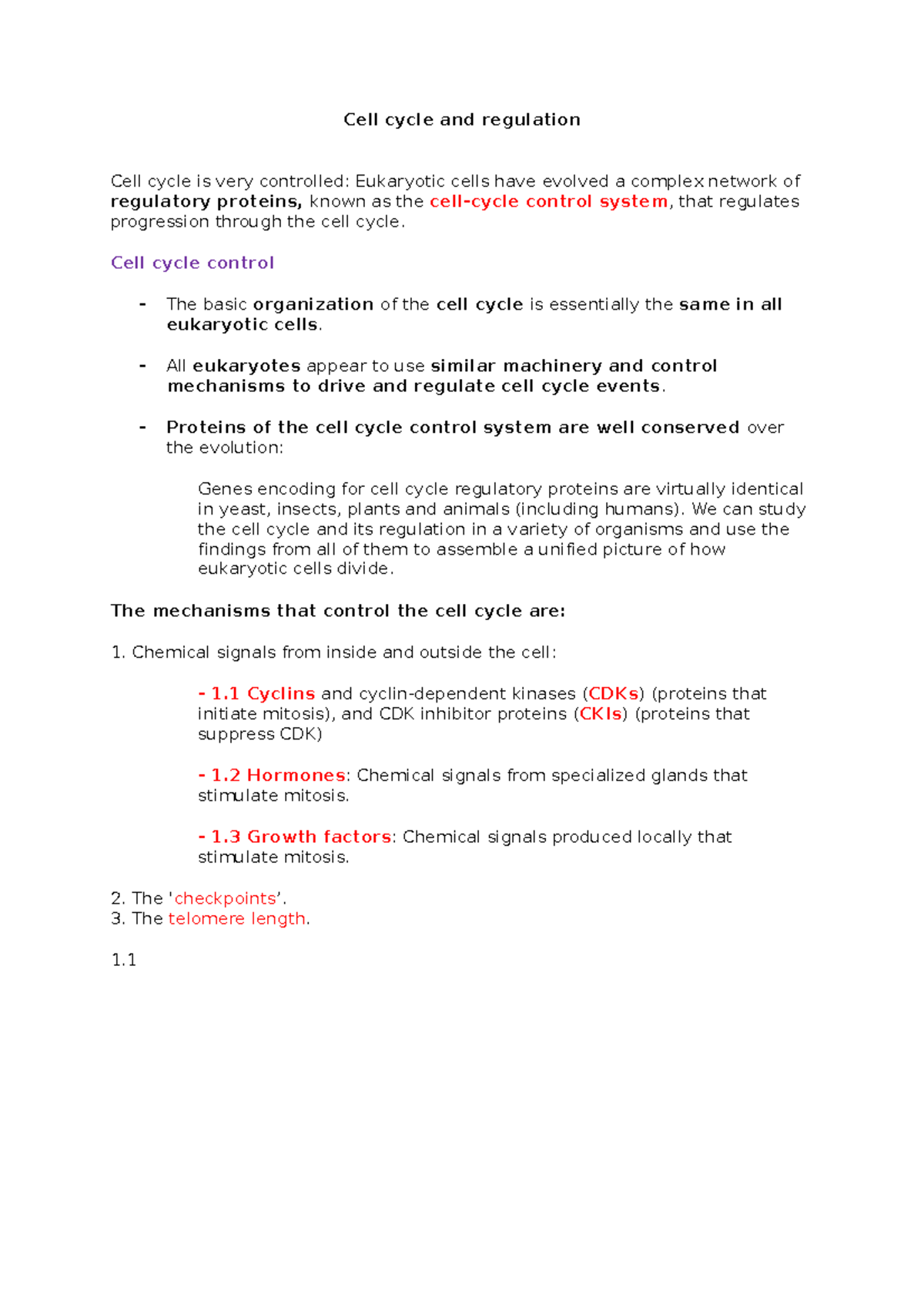 Cell cycle and regulation - Cell cycle control The basic organization ...
