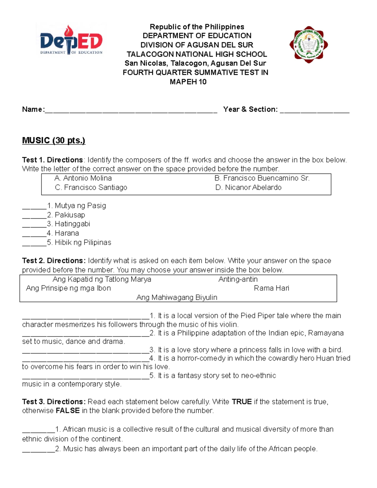 Mapeh 10 Q4 EXAM - Republic of the Philippines DEPARTMENT OF EDUCATION DIVISION OF AGUSAN DEL ...