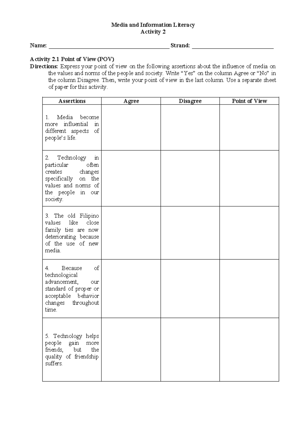 MIL Activity 2 - Media and Information Literacy Activity 2 Name: - Studocu