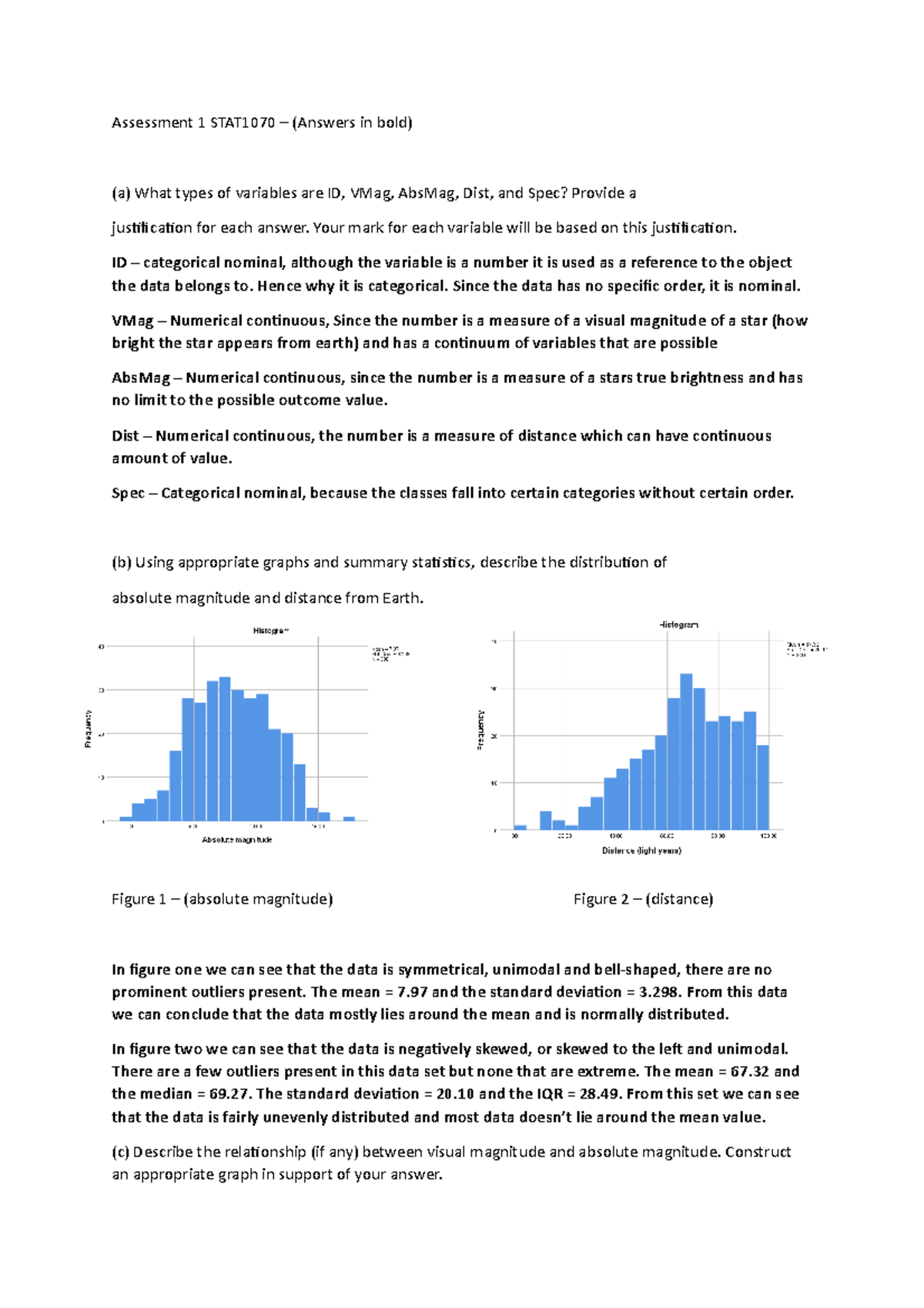 Assessment 1 STAT1070: Variables Distributions Relationships and Probabilities - Studocu