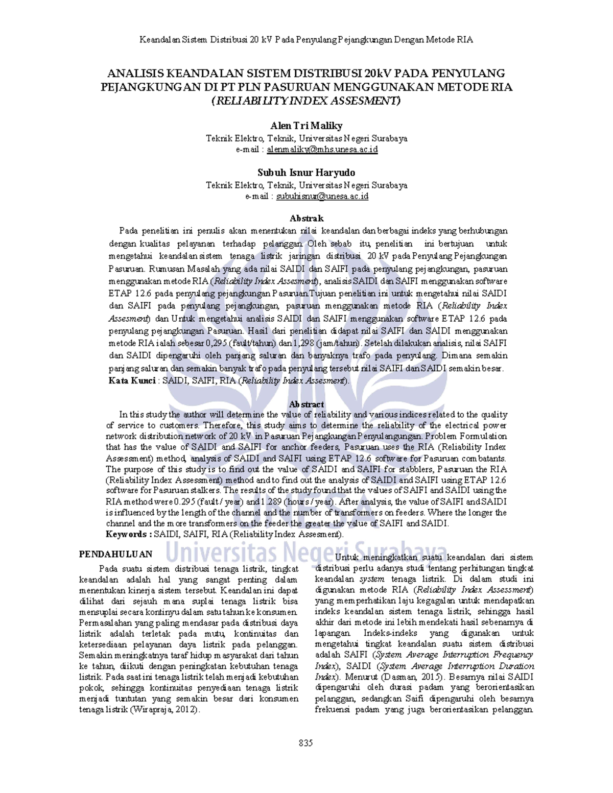 Journal for Electrical Engineering 165 - Keandalan Sistem Distribusi 20 ...