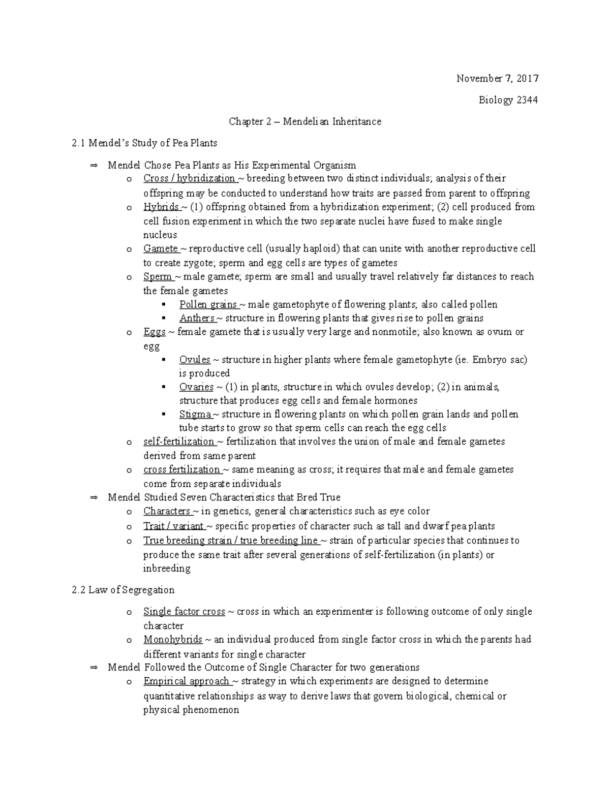 Chapter 2 - Mendelian Inheritance - November 7, 2017 Biology 2344 Chapter 2 – Mendelian ...