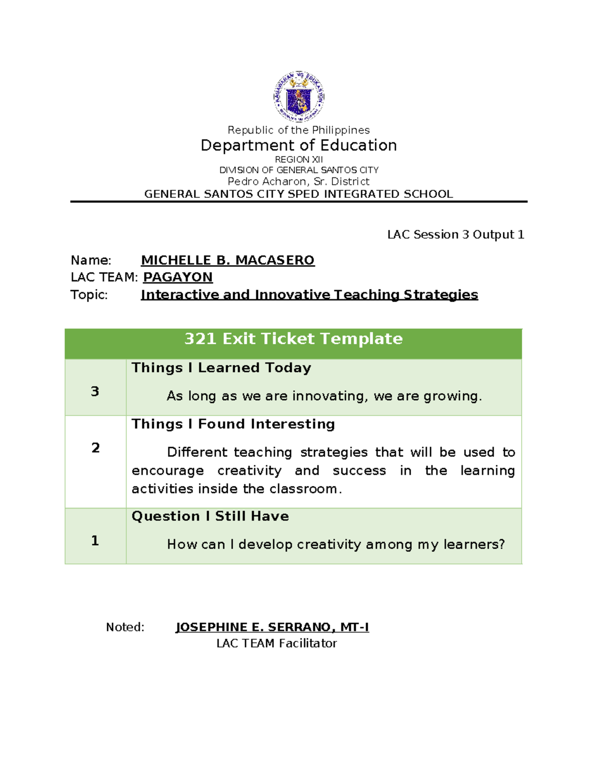 LAC 3 - LAC Reflection - Republic of the Philippines Department of ...