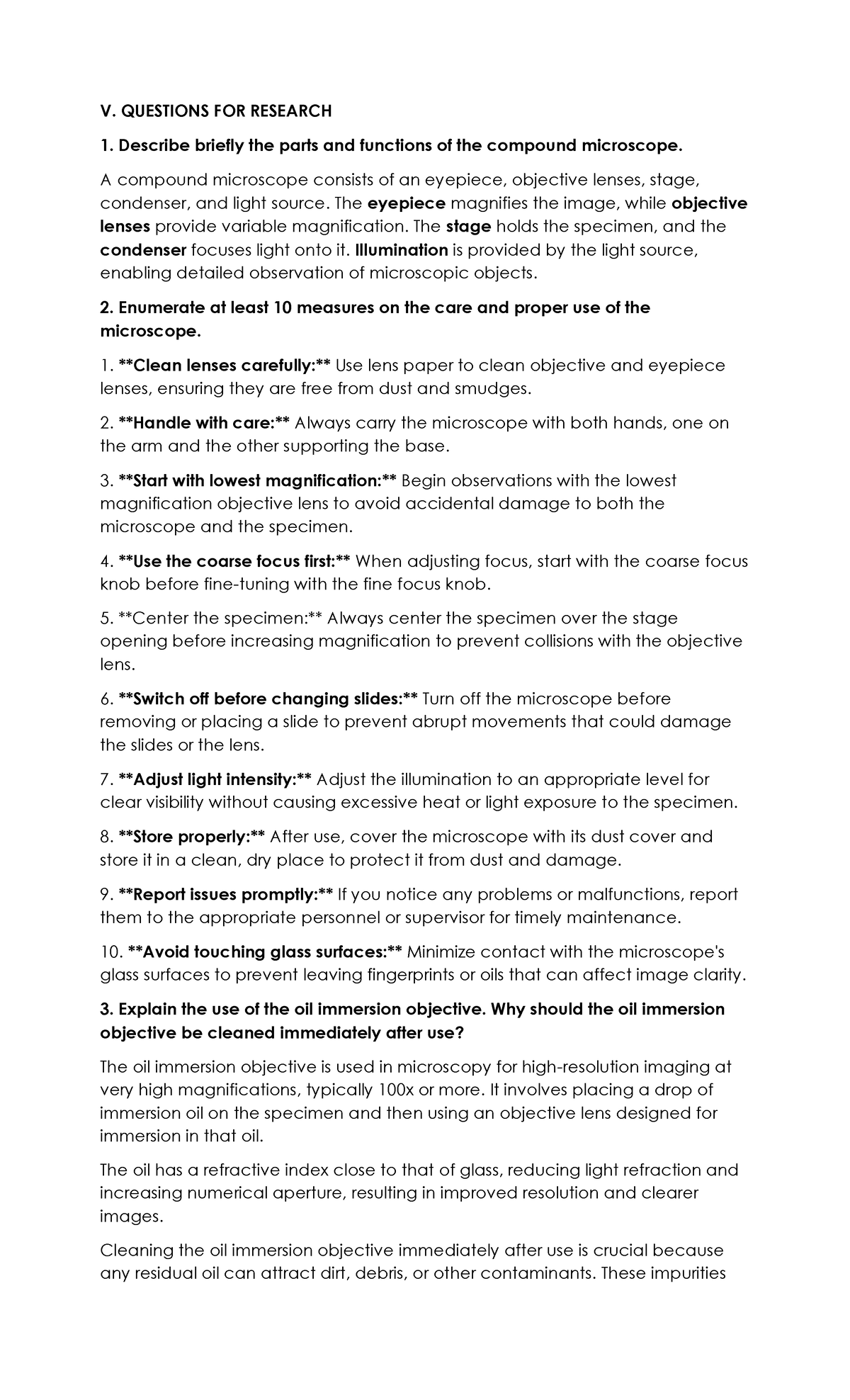 Micro - V. QUESTIONS FOR RESEARCH Describe briefly the parts and ...