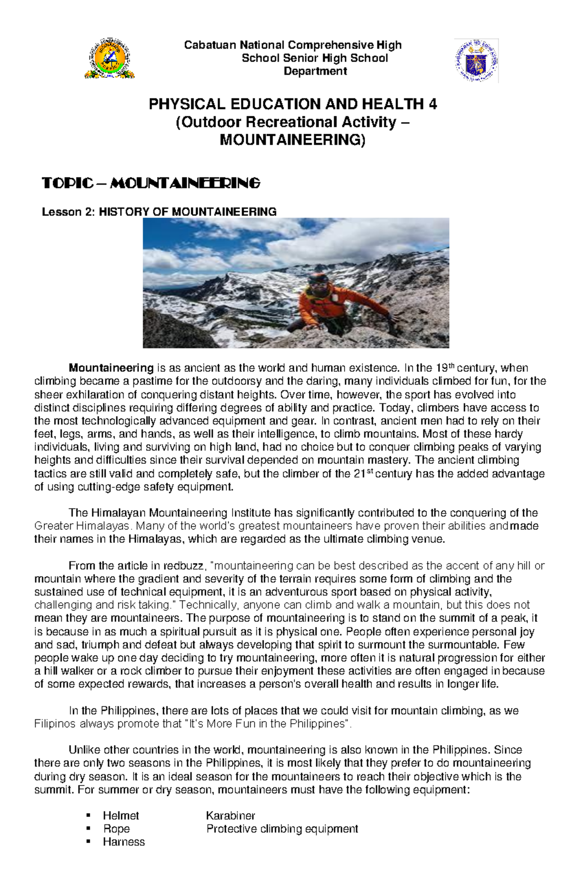Lesson 2 Mountaineering History of Mountaineering - Cabatuan National ...