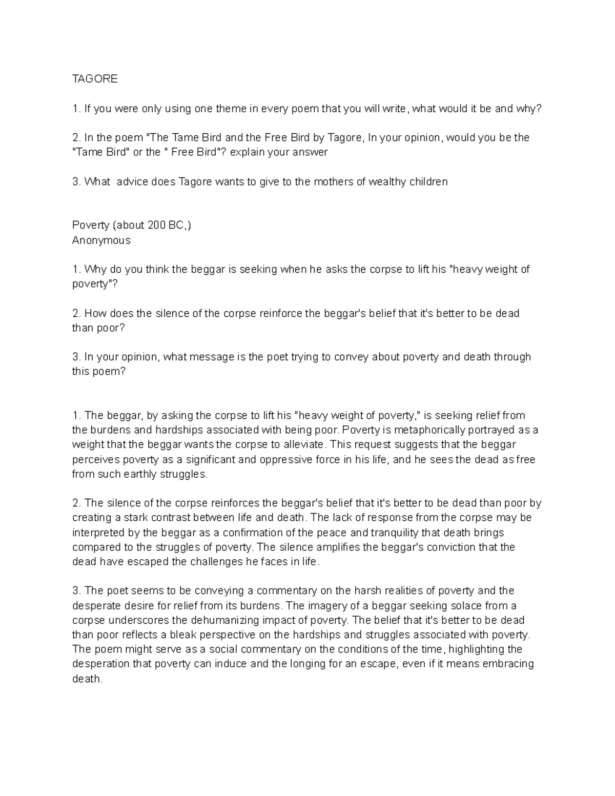 Activity in Afro Asian Literature - TAGORE If you were only using one ...